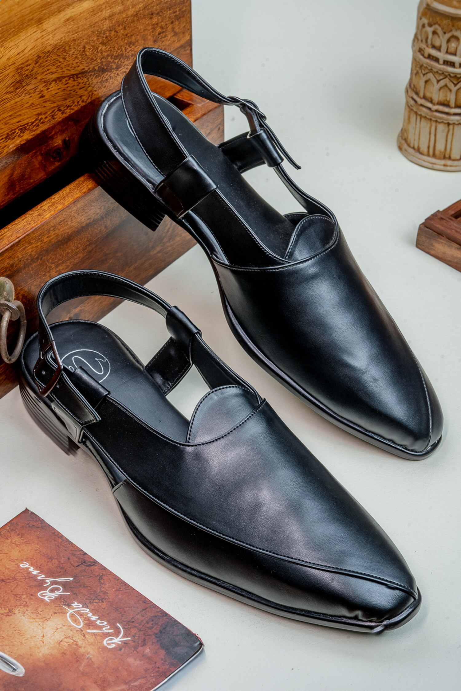 Buy Black Plain Tapered Toe Cut-out Sandals For Men by NR BY NIDHI ...