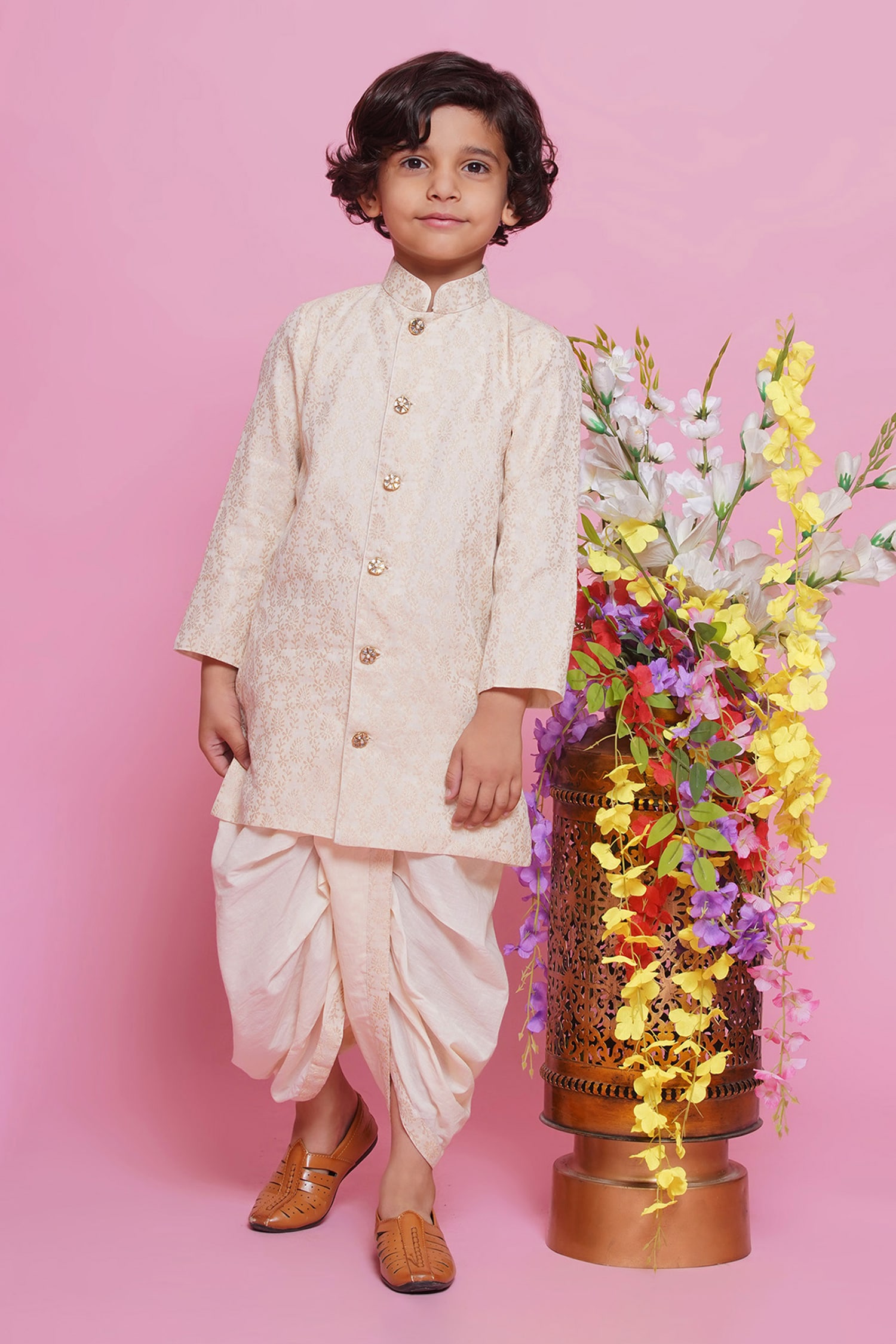 Buy Cream Sherwani Jacquard Embroidered Ambi With Dhoti Pant For Boys ...