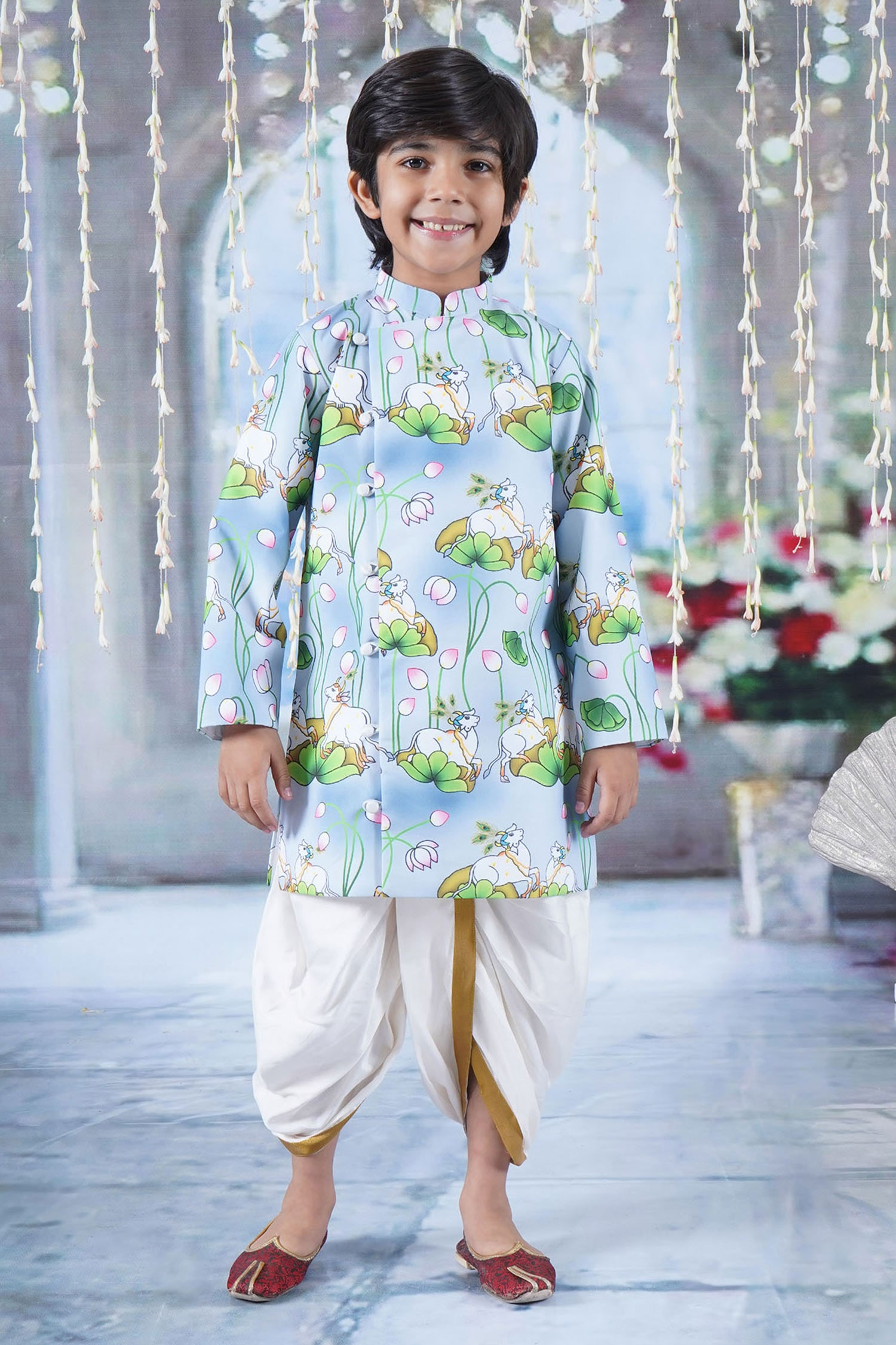 Buy Blue Cotton Printed Flora And Fauna Kaam Dhenu Cow Sherwani With ...