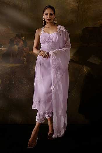 Buy Purple Georgette Embroidered Thread Sadida Floral Applique Kurta ...