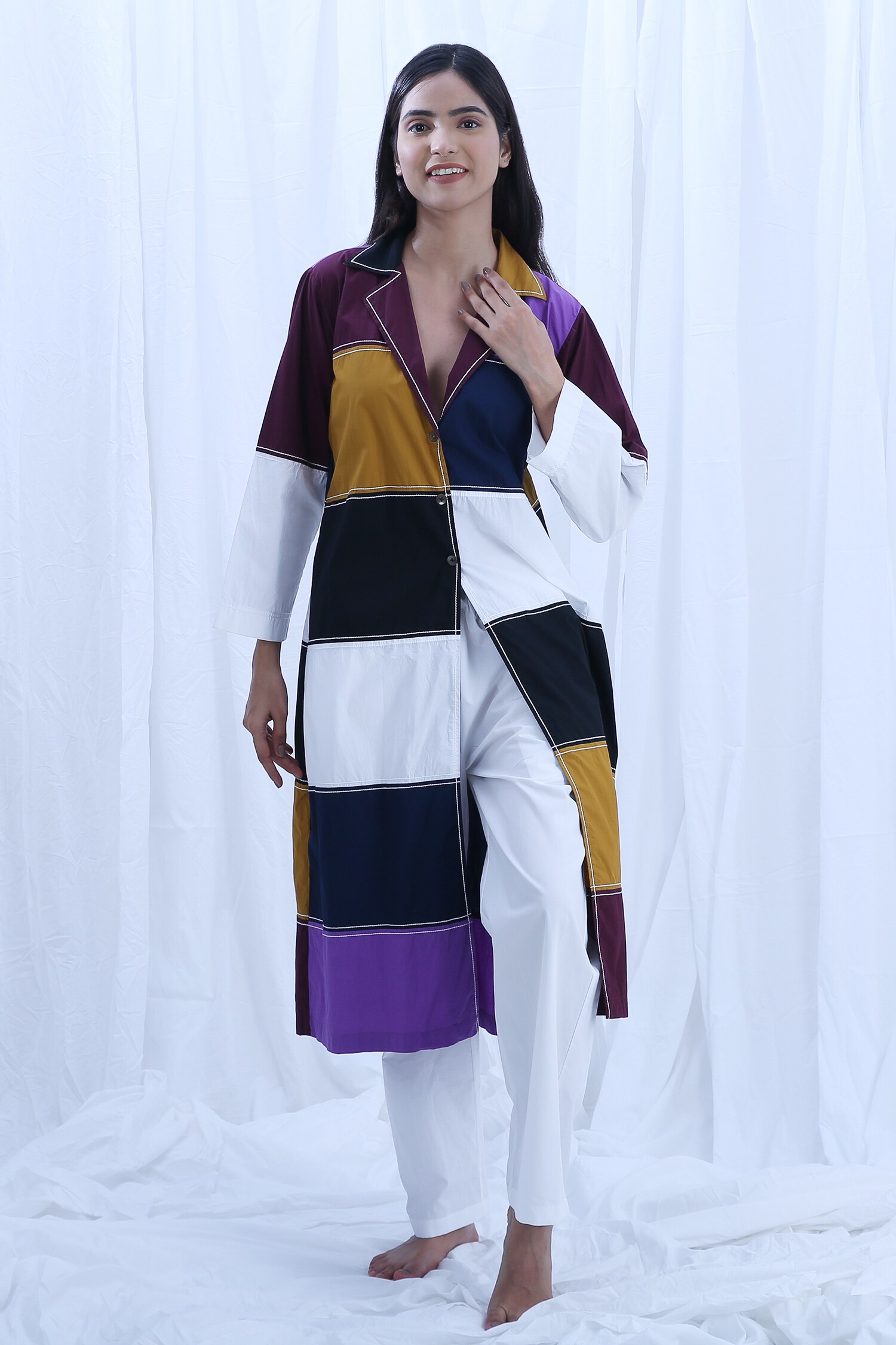 Buy Multi Color Poplin Cotton Embroidered Thread Multi-panel Shirt ...