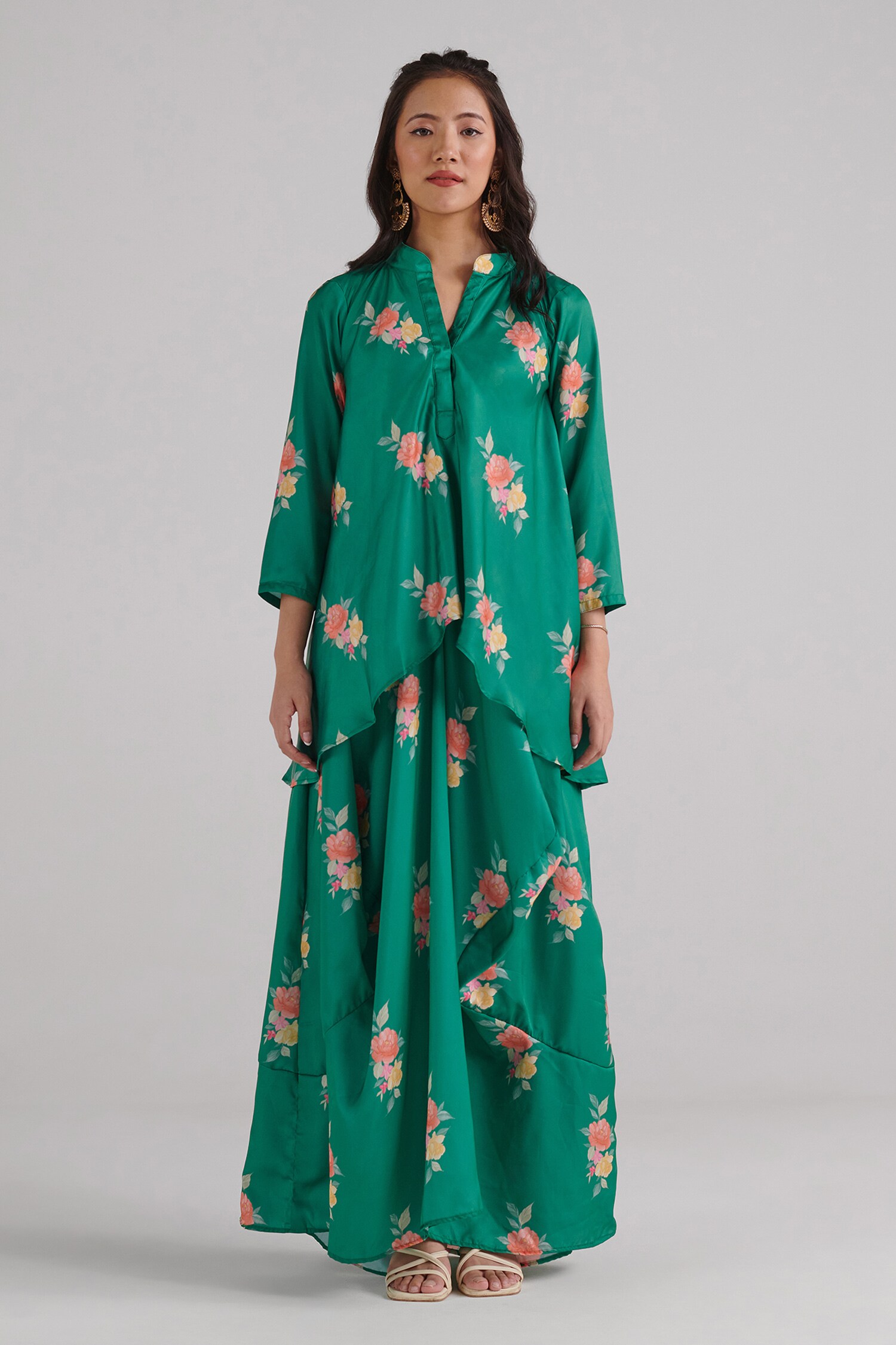 Buy Green Swiss Satin Floral Band Collar Pattern Draped Kurta Dress For ...