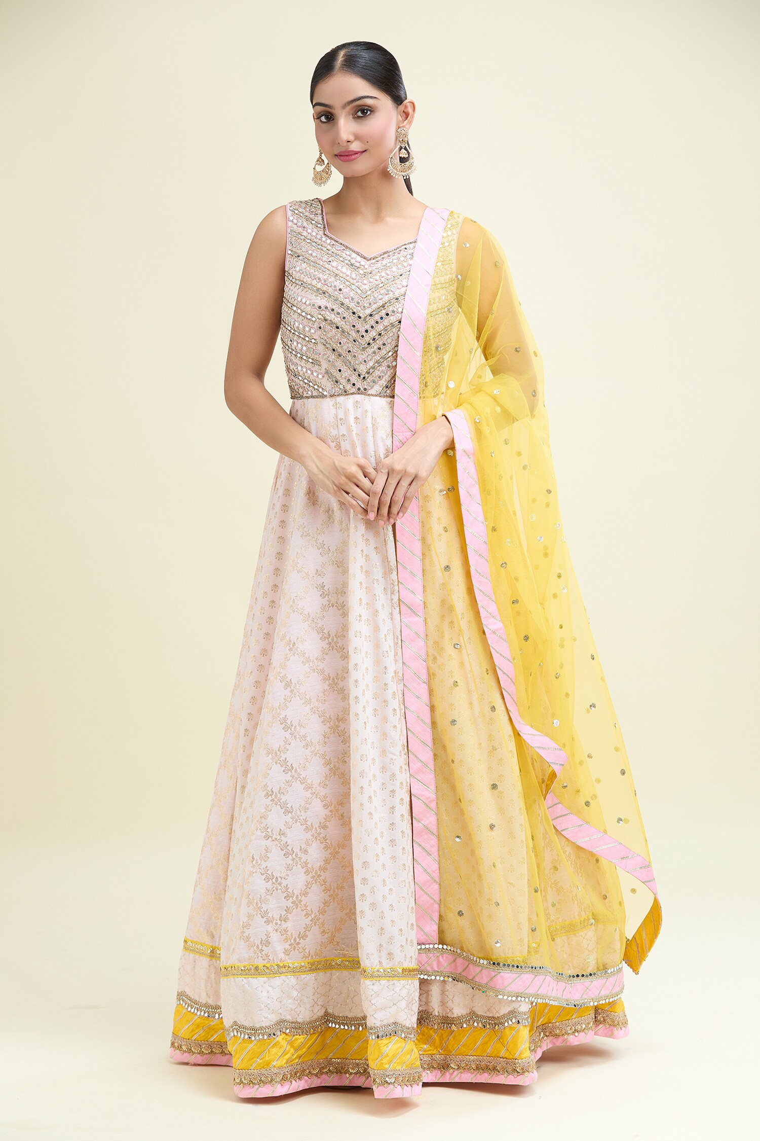 Buy Pink Woven Floral Glass Neck Pattern Anarkali With Dupatta For ...