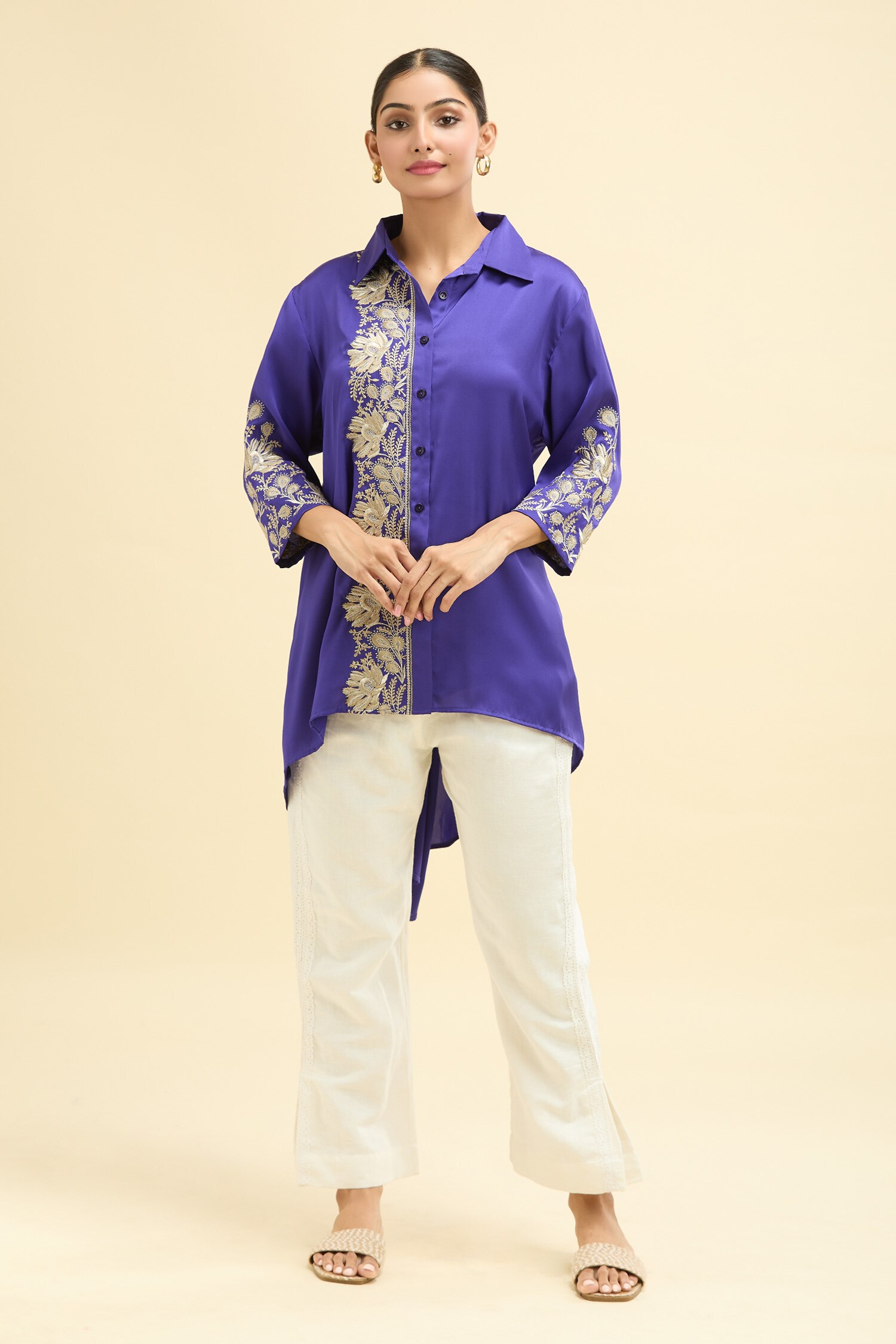 Buy Purple 100% Organic Viscose Embroidered Floral Collar Thread Shirt ...