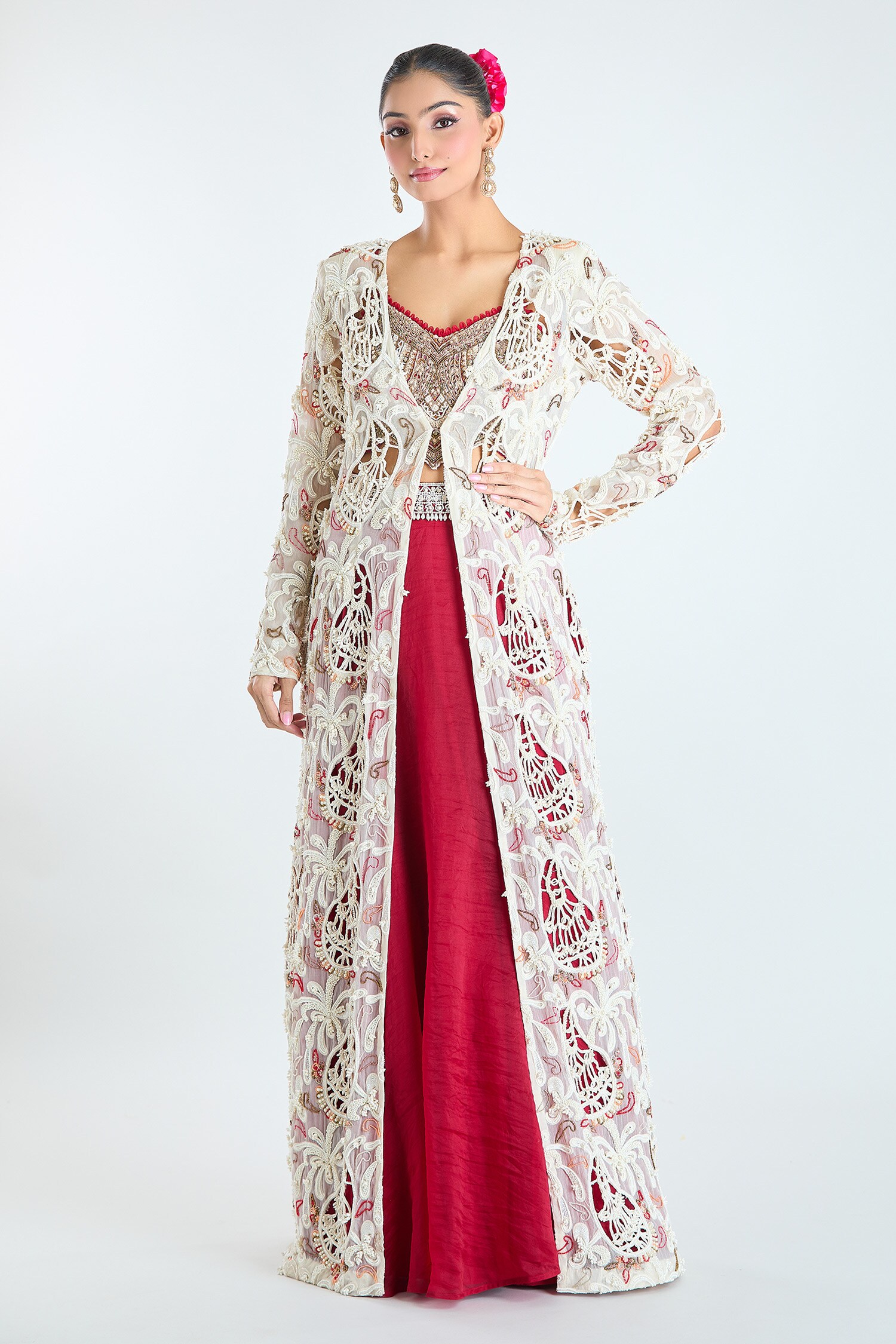 Buy Ivory Pure Organza Embroidery Pearl Jacket Open Paisley And Lehenga ...