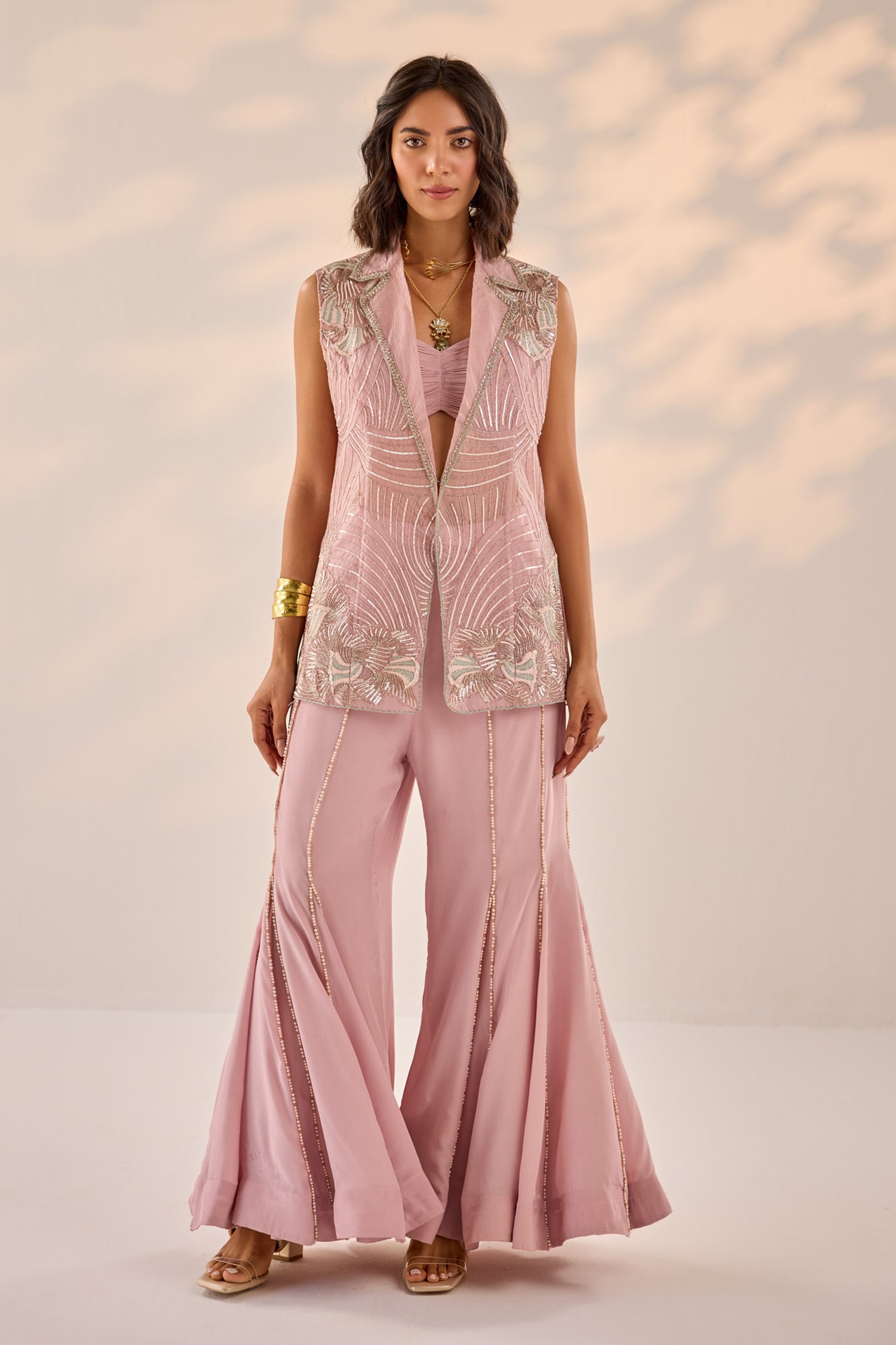 Buy Pink Organza Embroidery Flora Lapel Collar Blazer Jacket Sharara ...