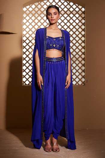 Buy Blue Pure Crepe Hand Embroidery Floral Blouse Akasa Dhoti Set With ...