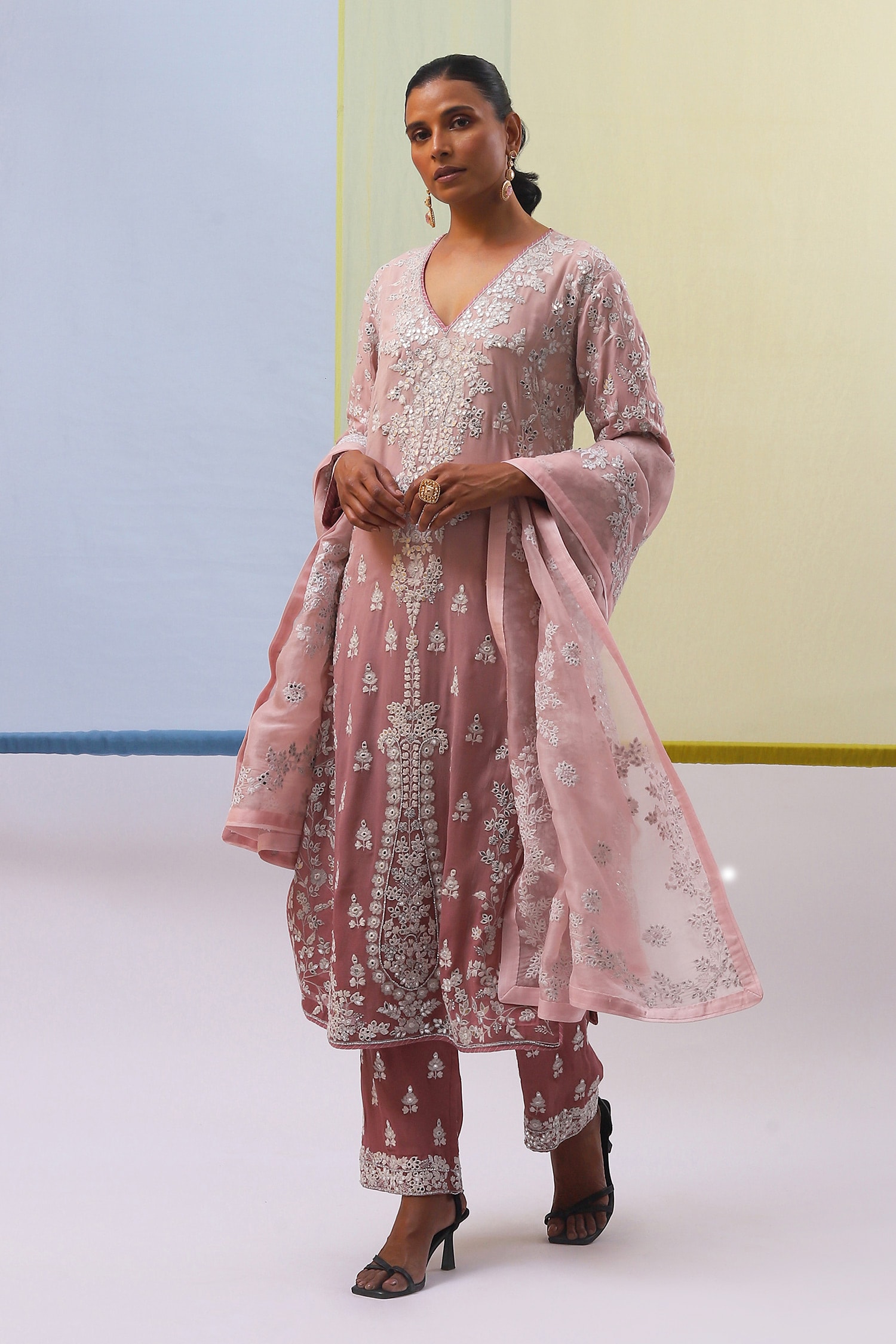 Buy Pink Pure Shimmer Georgette Embroidered Sequins Dua Patri Work ...