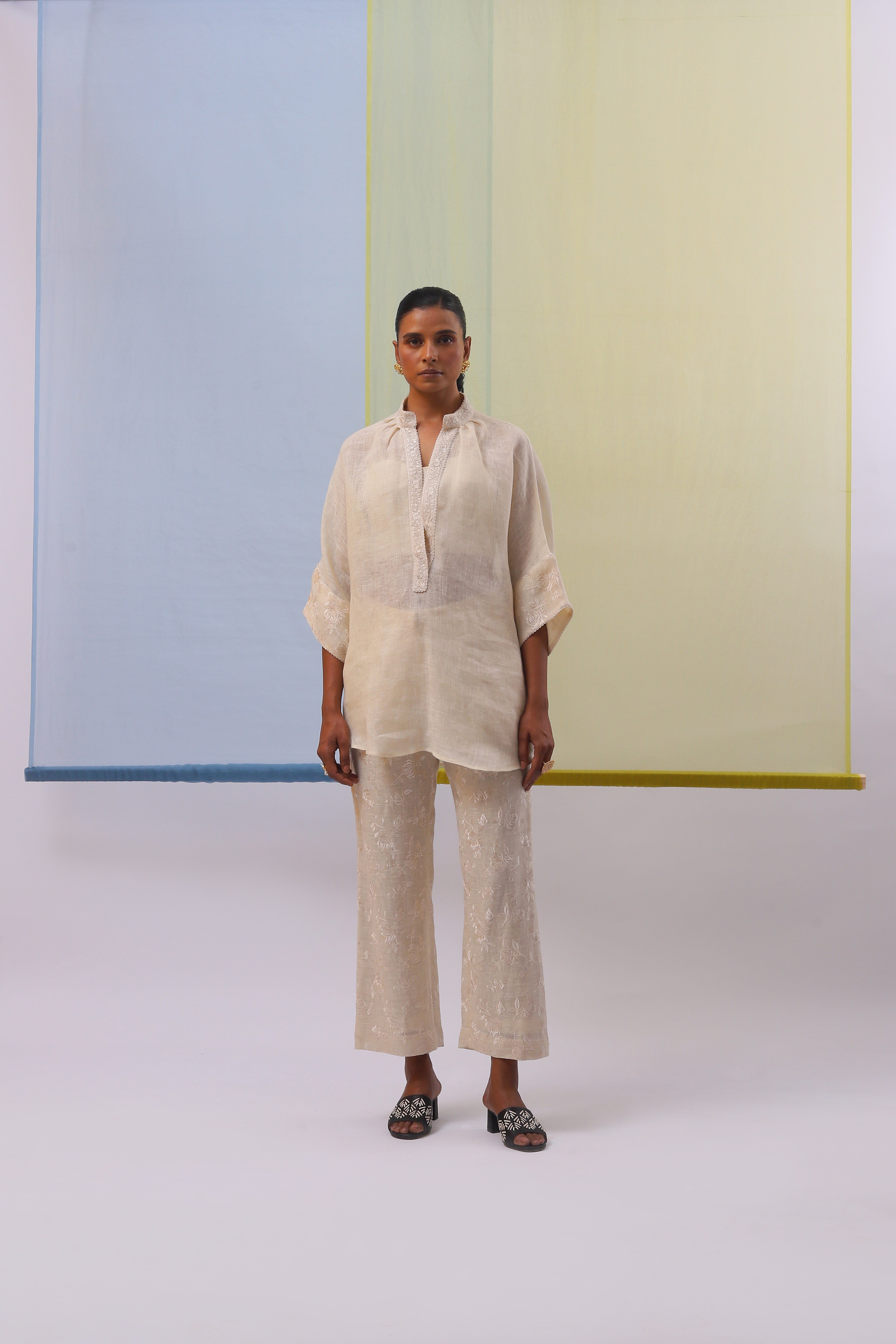 Buy Beige Pure Linen Embroidery Thread Stand Collar Naima Gul Tunic ...