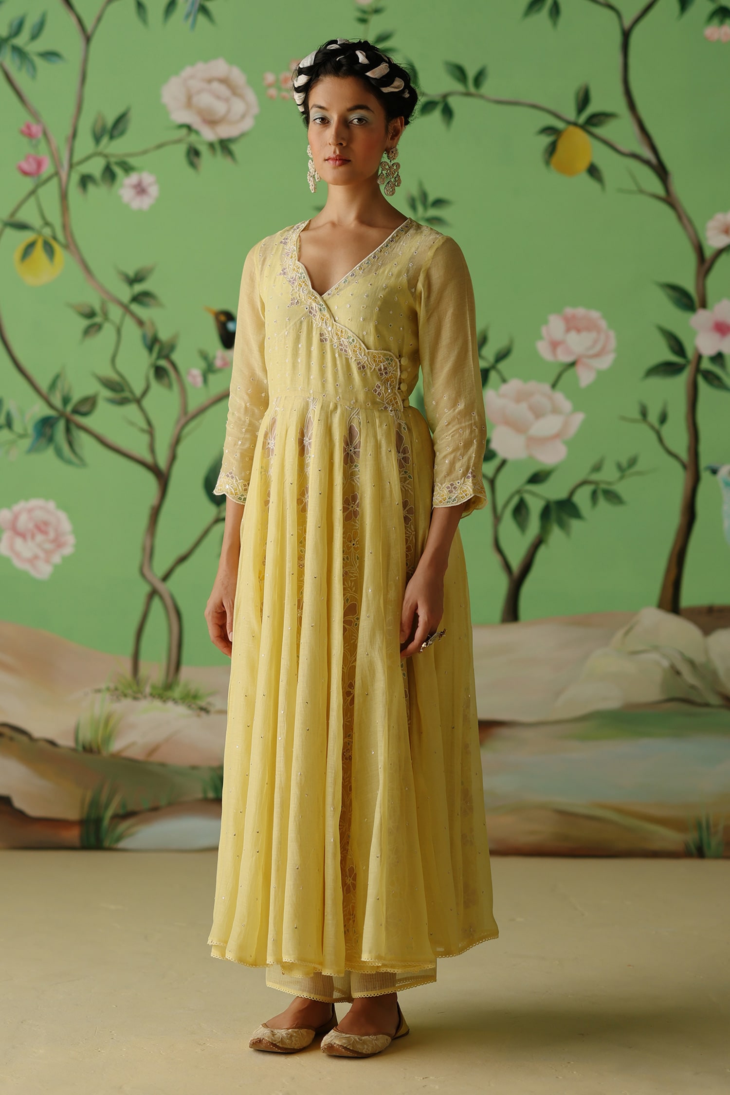 Buy Yellow Angarkha Chanderi And Kota Cotton Hand Embroidered Resham V ...