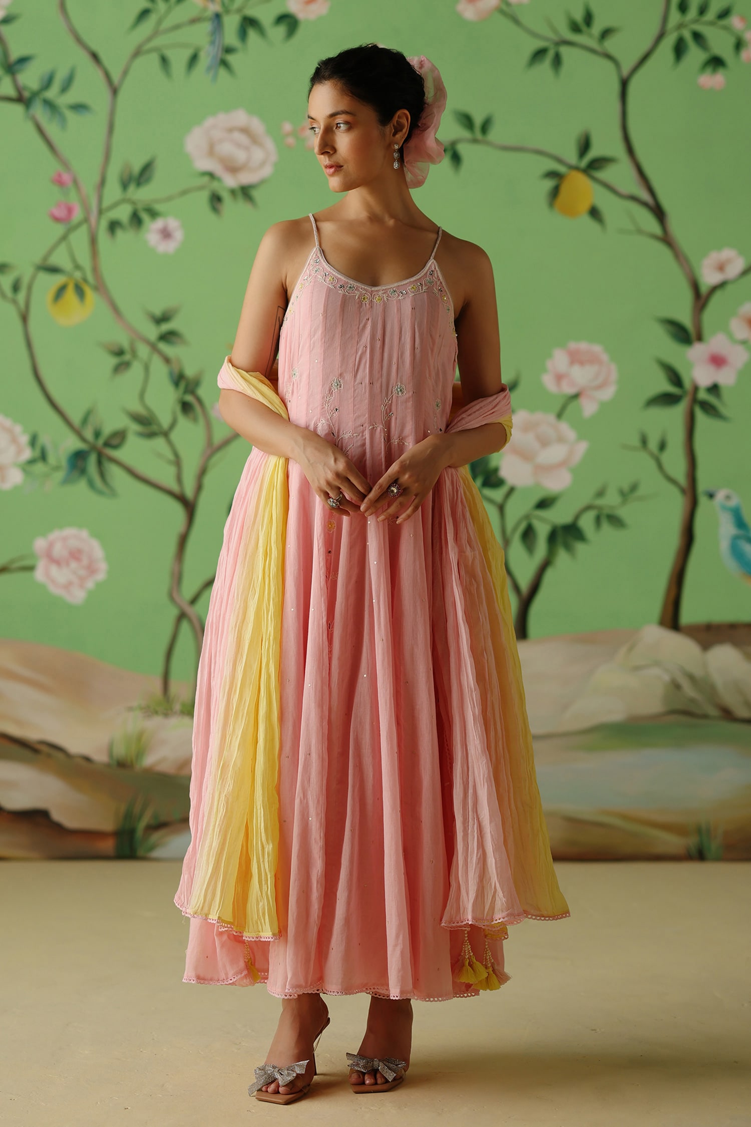 Buy Pink Anarkali And Dupatta Cotton Mul Patla Hand Embroidered Sequins ...