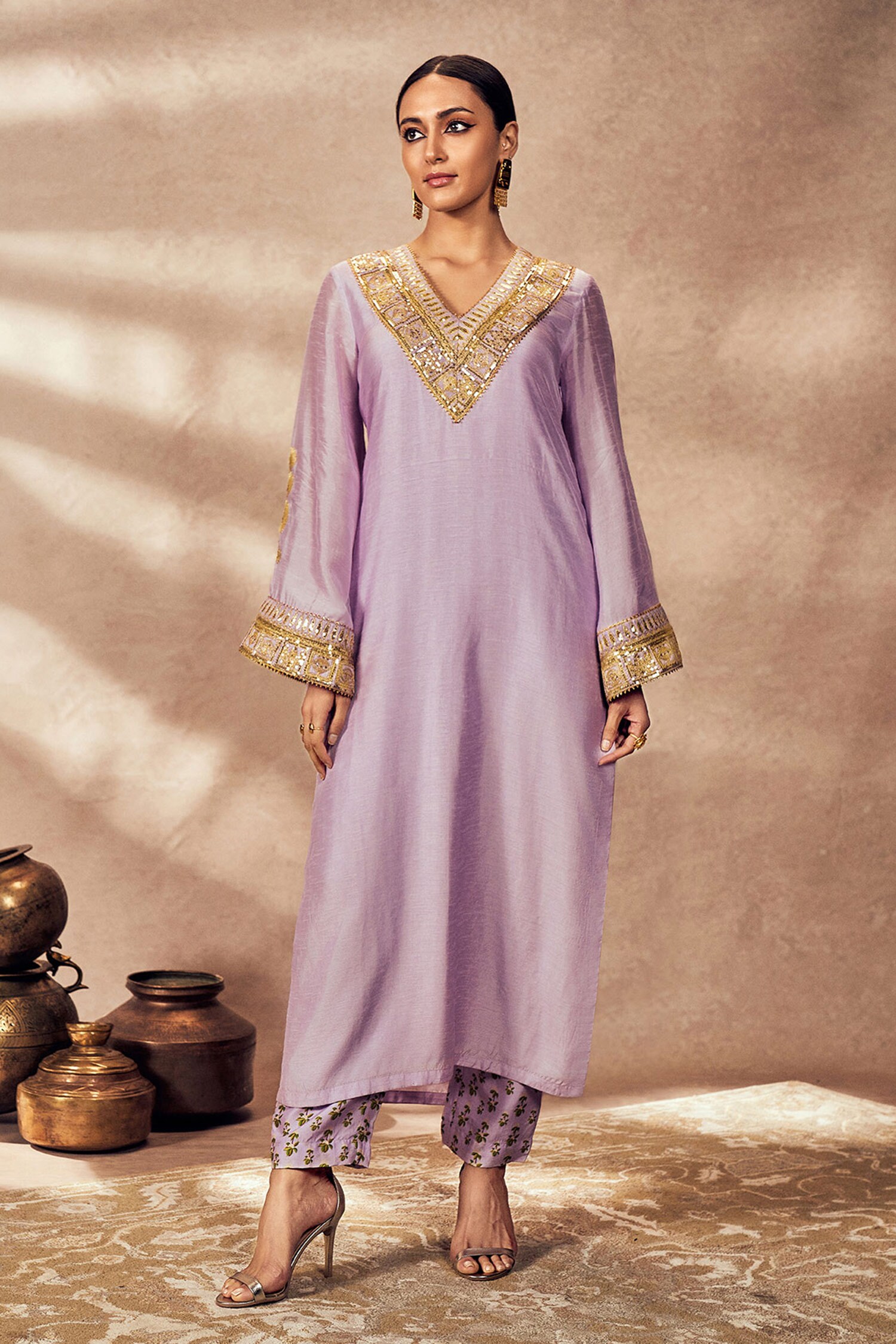Buy Purple Raw Silk Print Sequin Pixie Dust Embroidered Border Tunic ...