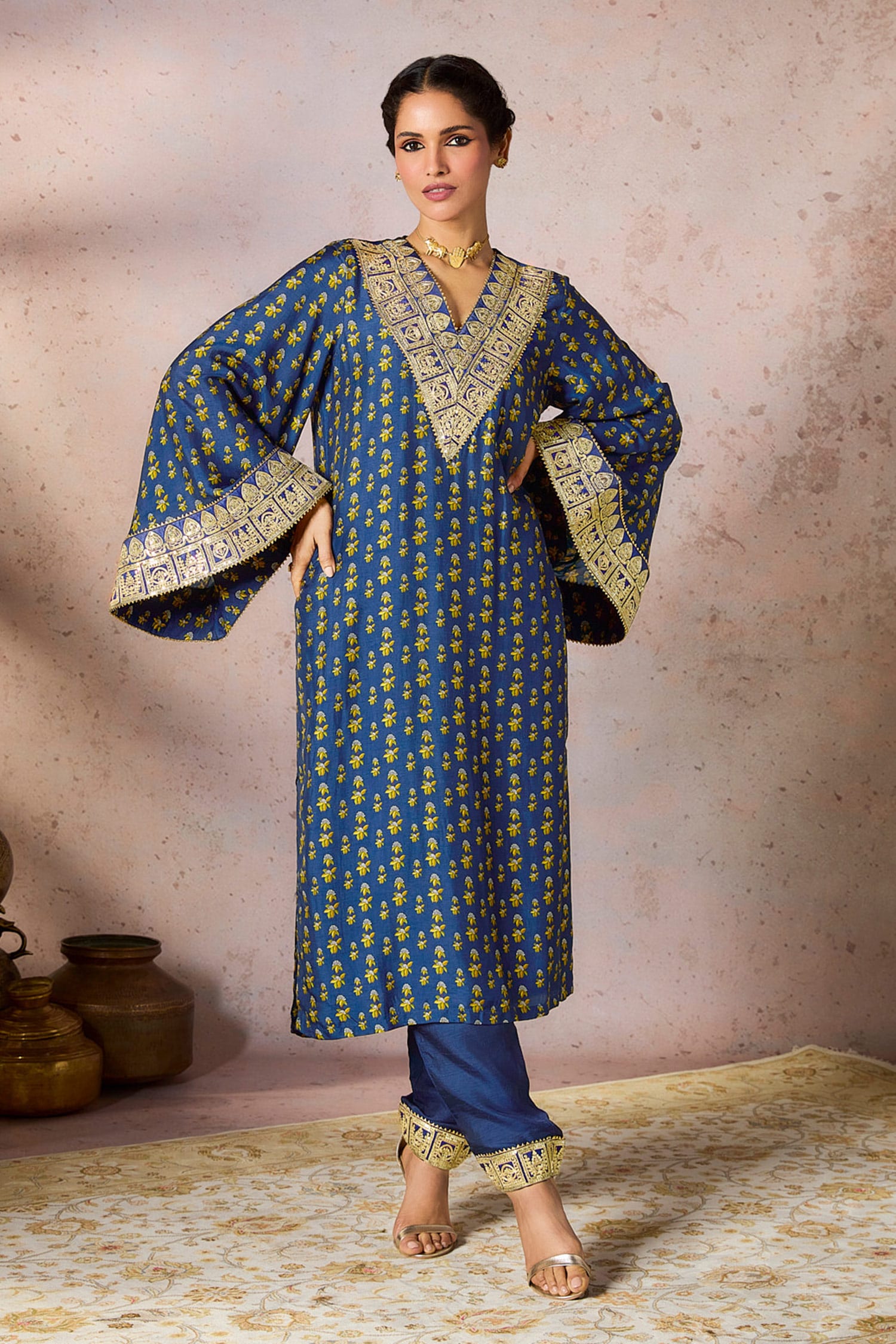 Buy Blue Raw Silk Print Sequin V-neck Pixie Dust Tunic With Embroidered Border Pant For Women by ...