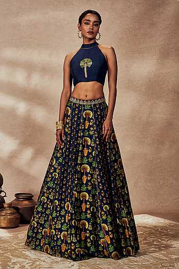 Buy Blue Raw Silk Print Nomadic Tribe Halter Neck Kalidar Lehenga Set ...