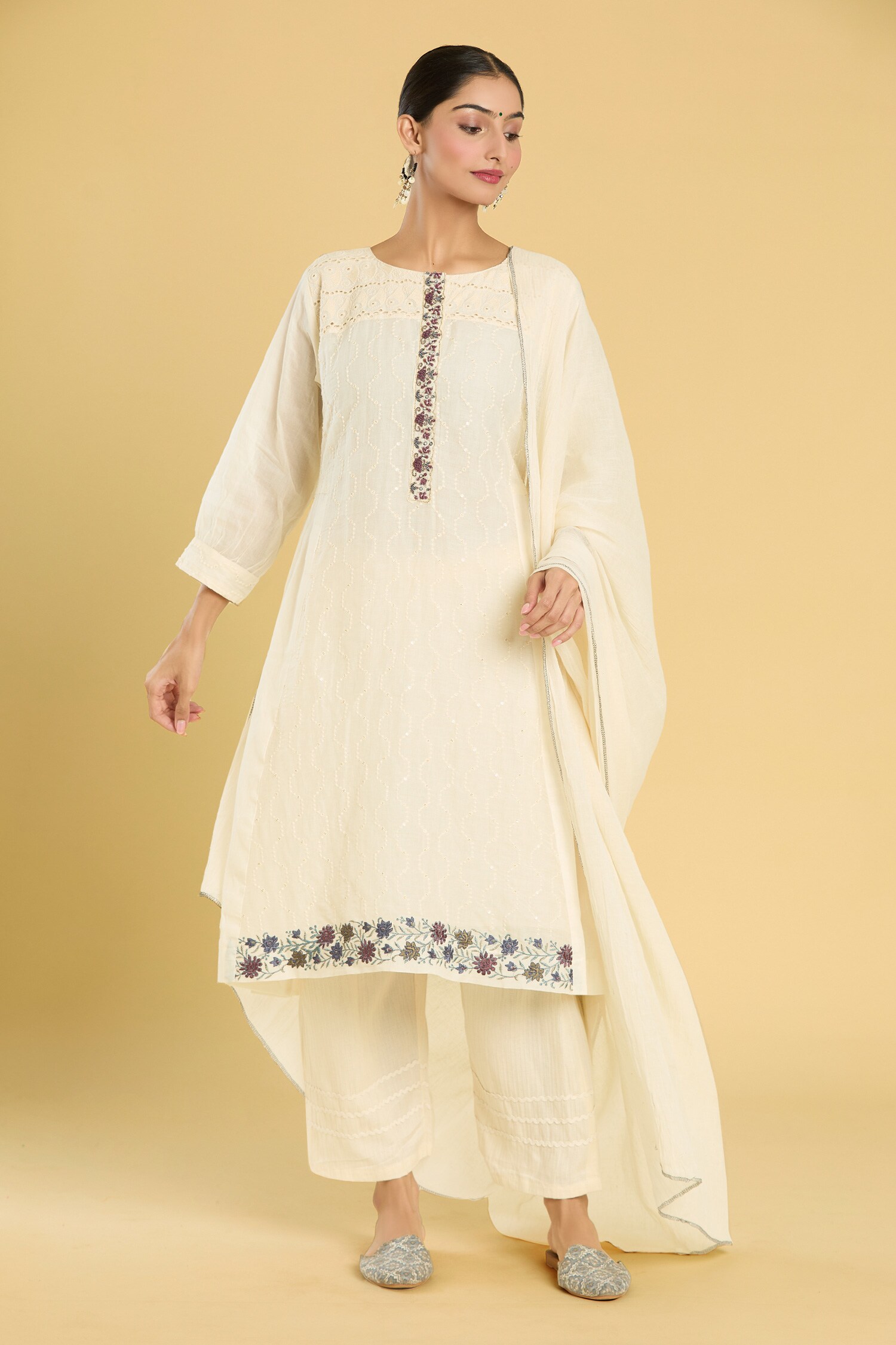 Buy Off White Cotton Chanderi Blend Embroidery Phool Round Neck Kurta Pant Set For Women by ...