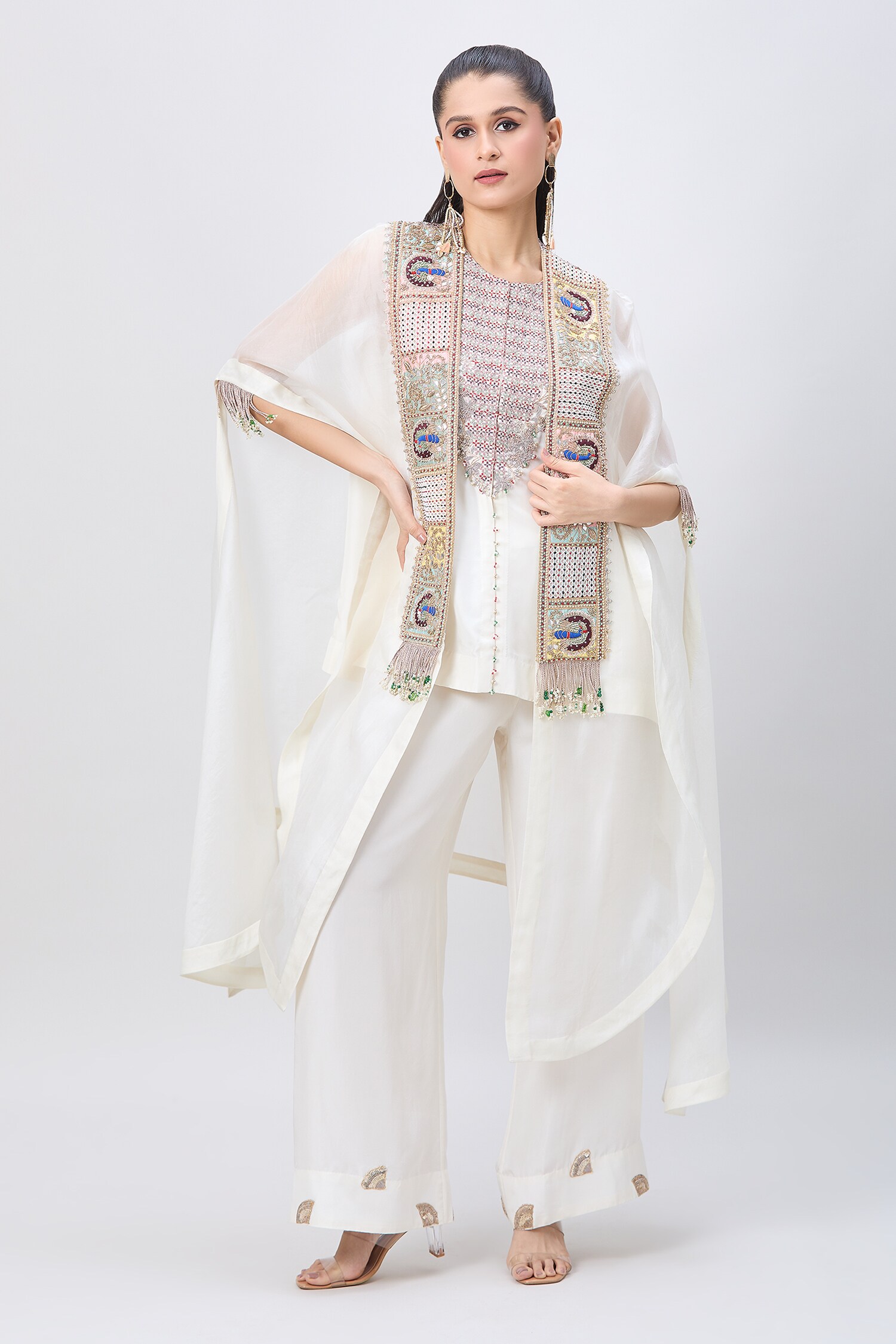 Buy Ivory Dupion Embroidery Peacock Round Cape And Kurta Set For Women ...