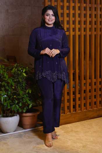 Buy Blue Crepe Embellished Bead Band Collar Asymmetric Tunic With Pant ...