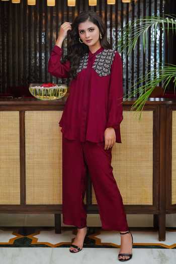 Buy Red Crepe Embellished Bead Mandarin Collar Fan Shirt With Pant For ...