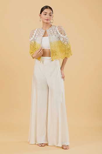 Buy White Satin Embroidery Thread Round Hexagon Cape And Pant Set For ...