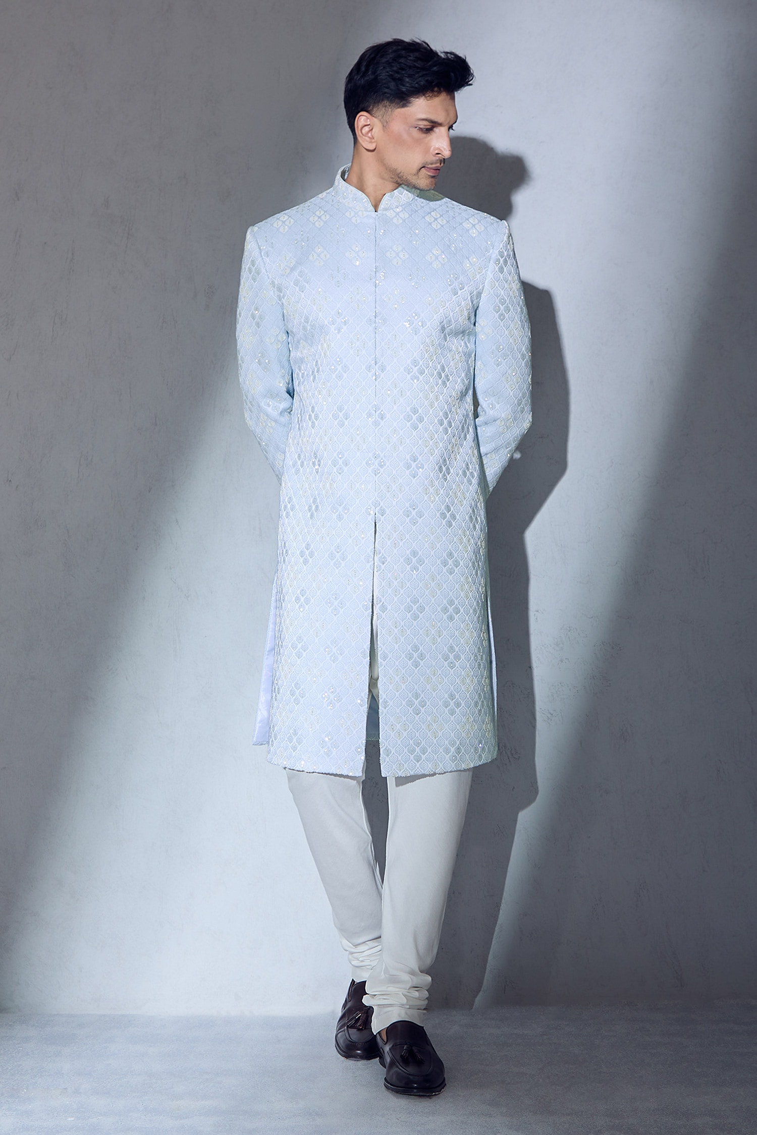 Buy Blue Silk Blend Embroidered Resham Thread Sherwani And Churidar Set ...