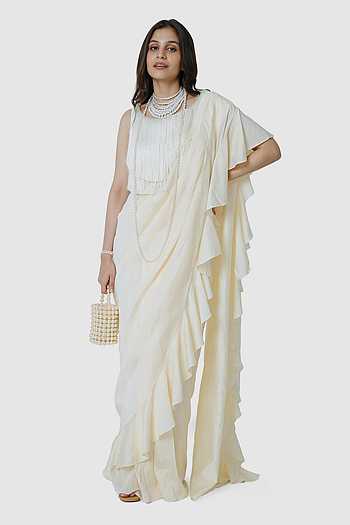 Buy Off White Plain Sc Fringe Round Ruffle Pre-draped Saree With Blouse ...