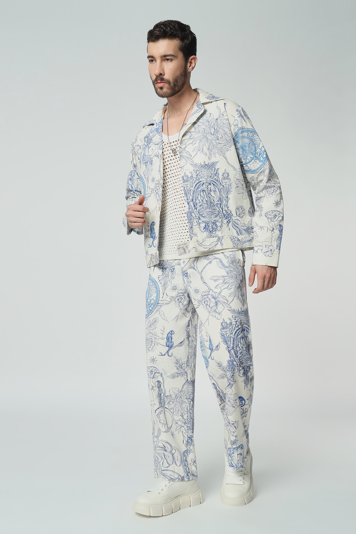Buy Off White Cotton Print Toile De Jouy Shacket With Pant For Men by ...