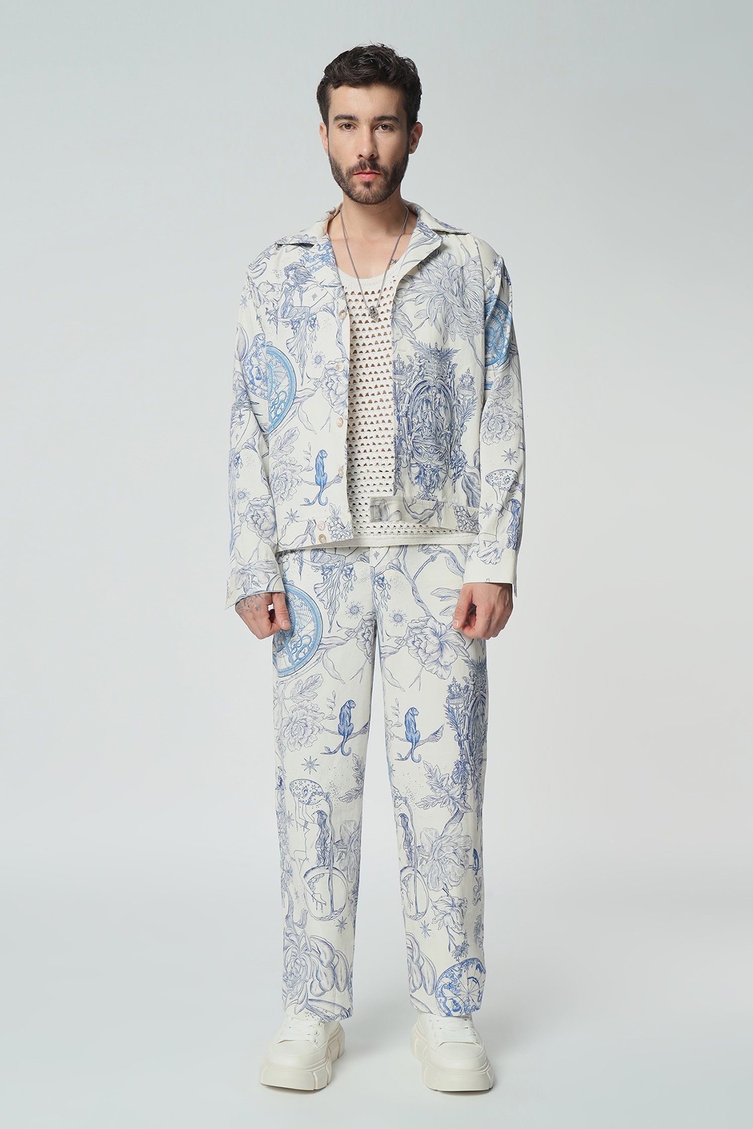 Buy Off White Cotton Print Toile De Jouy Shacket For Men by Dark Hour ...