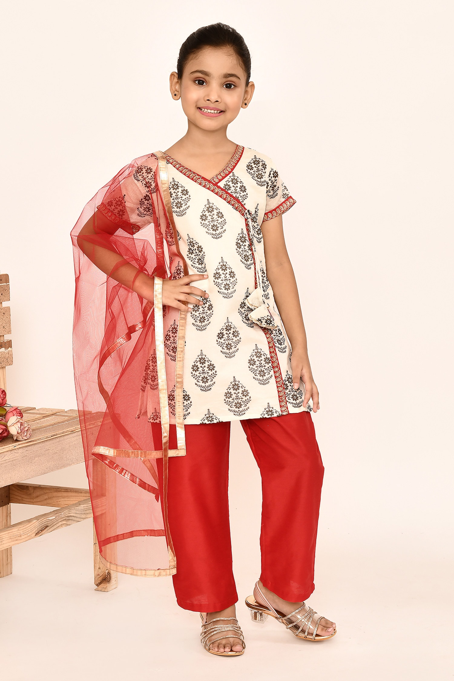 Buy Off White Kurta And Pant Cotton Printed Buta Set For Girls by ...