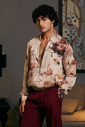 Buy Beige Bemberg Satin Printed Bumble Bee And Floral Bomber Jacket For ...