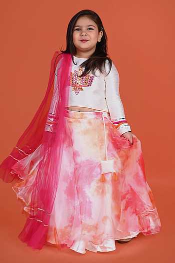 Buy White Raw Silk Embroidered Mirror Work Lakshmi Tie Dye Lehenga Set ...
