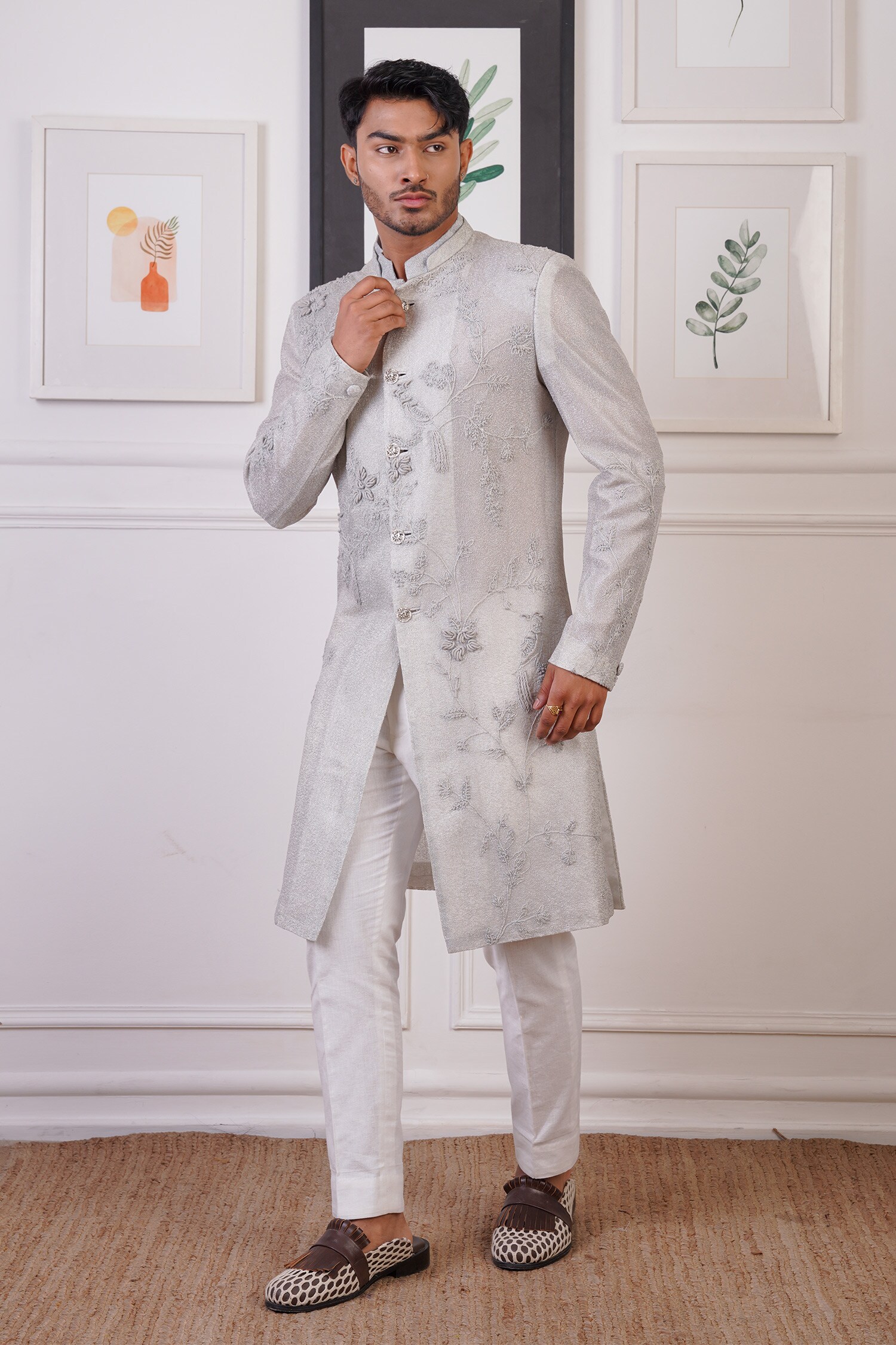 Buy Grey Cotton With Silk Mesh Embroidery Tonal Thread Sherwani Pant ...