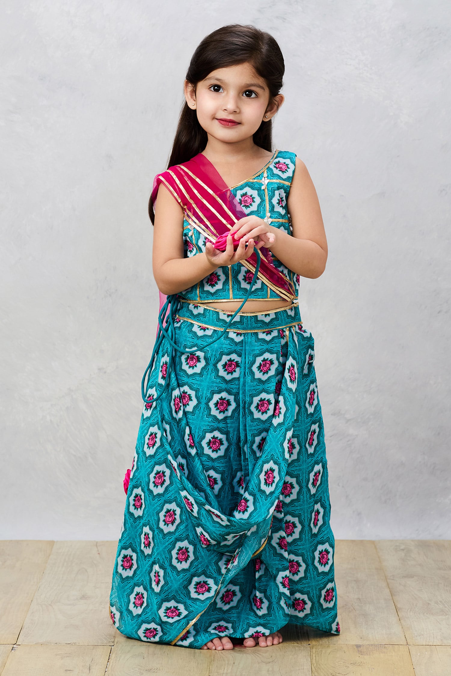 Buy Blue Cotton Print Floral Choli With Lehenga For Girls by Pinkcow ...
