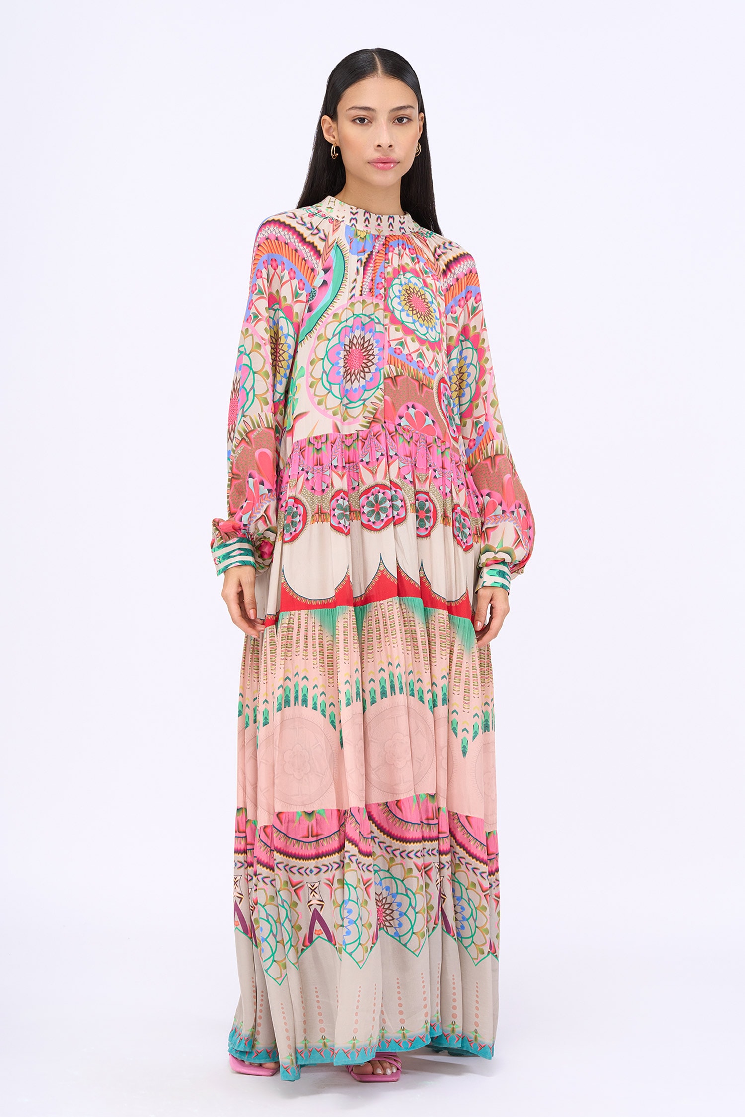 Buy Pink Crepe Printed Samsara Engineered Round High Neck Maybelline ...