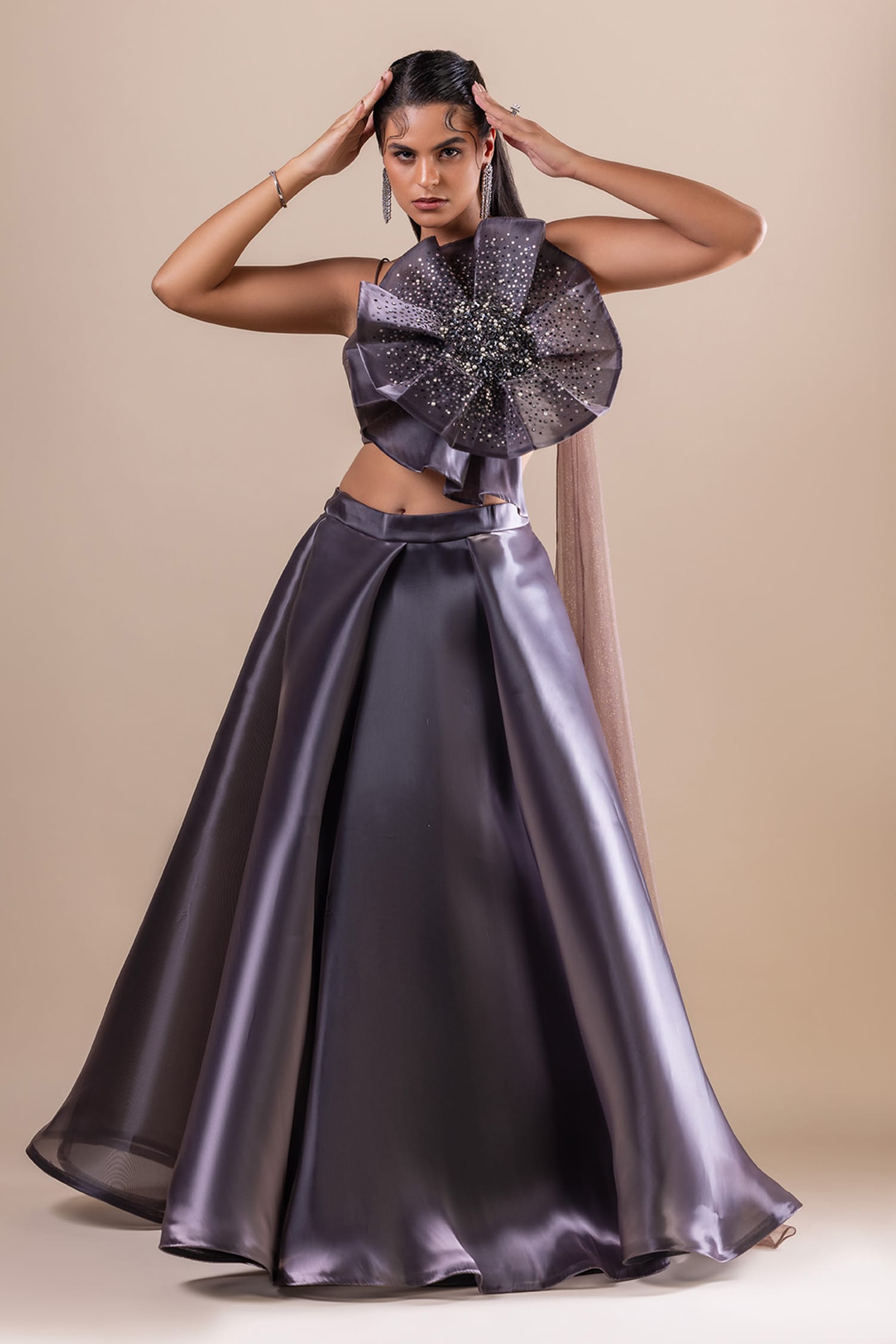 Buy Grey Fishnet Applique Floral Sweetheart Neck 3d Cropped Top With ...