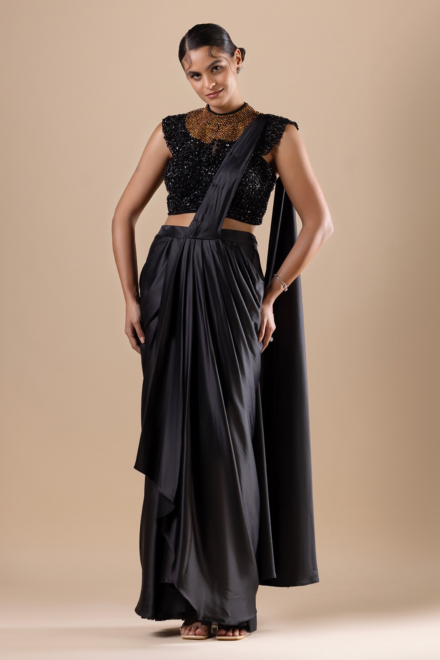 Buy Black Asmani Satin Embroidery Crystal Pre-draped Saree With ...