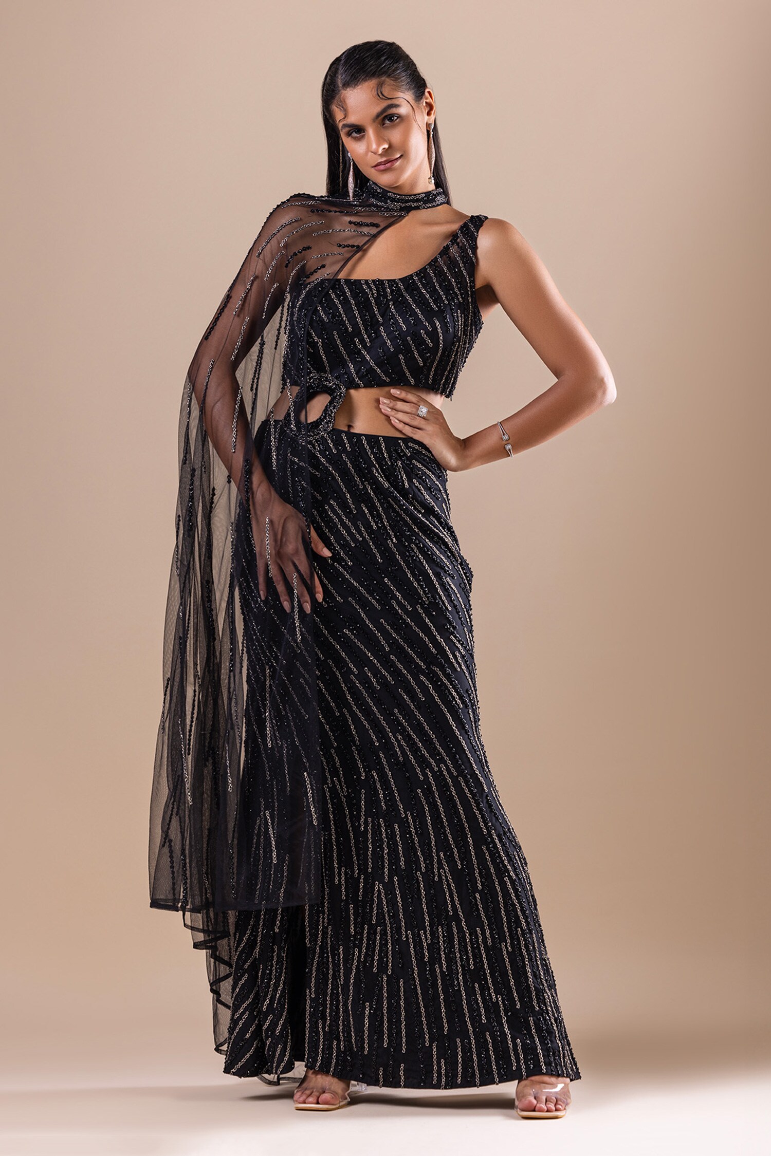 Buy Black Net Embroidery Crystal Cape Round High Neck Swarovski Dress ...