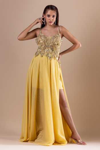 Buy Yellow Soft Net Embroidery Crystal V Neck Dress For Women by RAJ ...