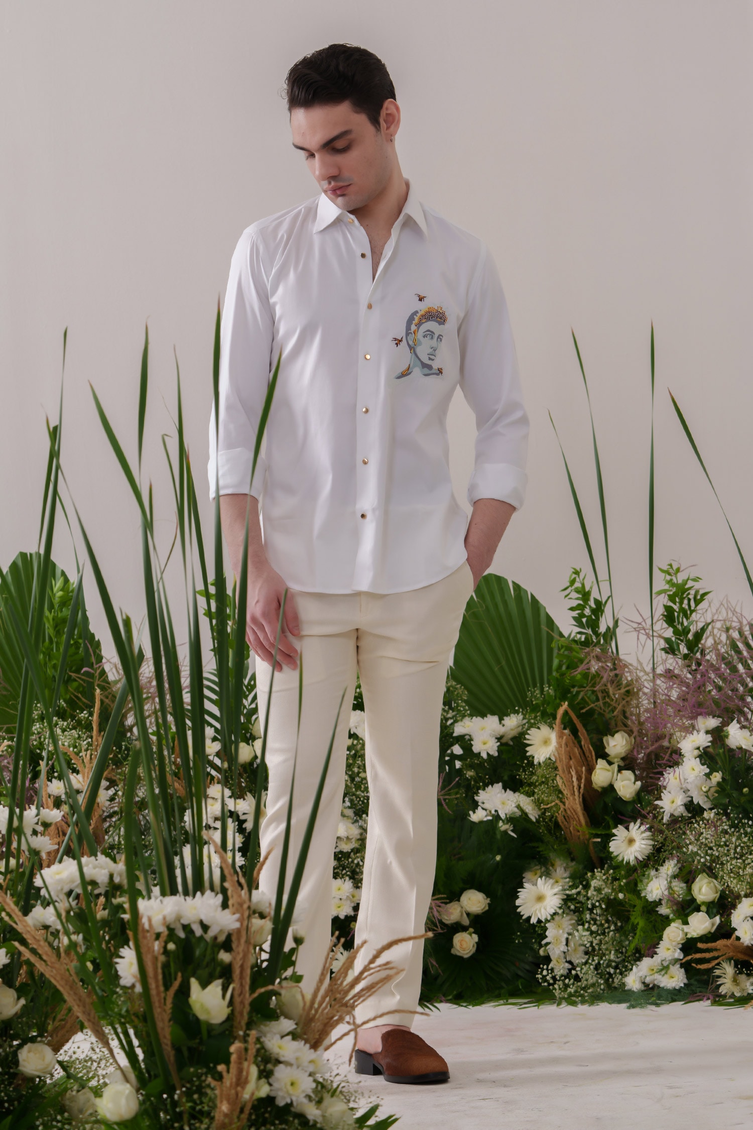 Buy White Cotton Embroidered Thread Shirt For Men by Amrit Dawani ...