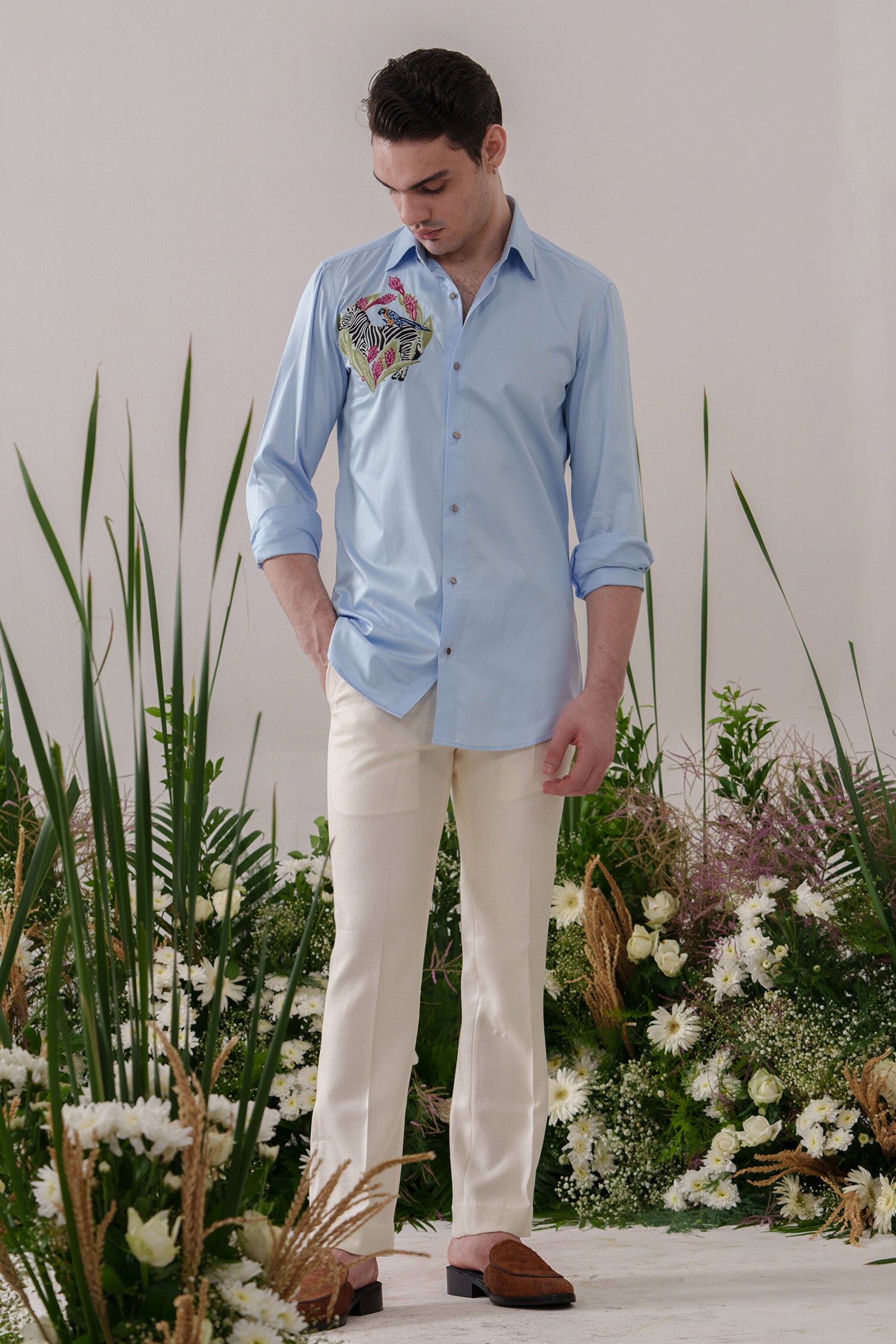 Buy Blue Cotton Embroidered Thread Zebra Shirt For Men by Amrit Dawani ...