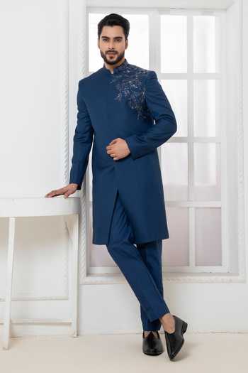 Buy Blue Suiting Embroidered Motif Placement Bandhgala And Straight ...