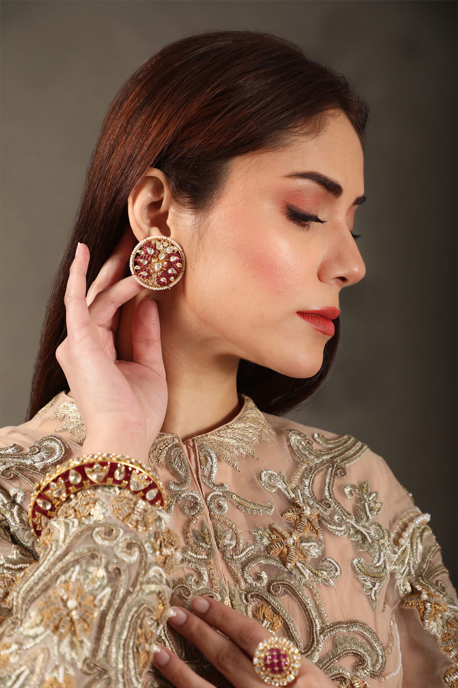 Buy Red Vellore Polki Rabhya Leaf Motif Round Embellished Studs by ...