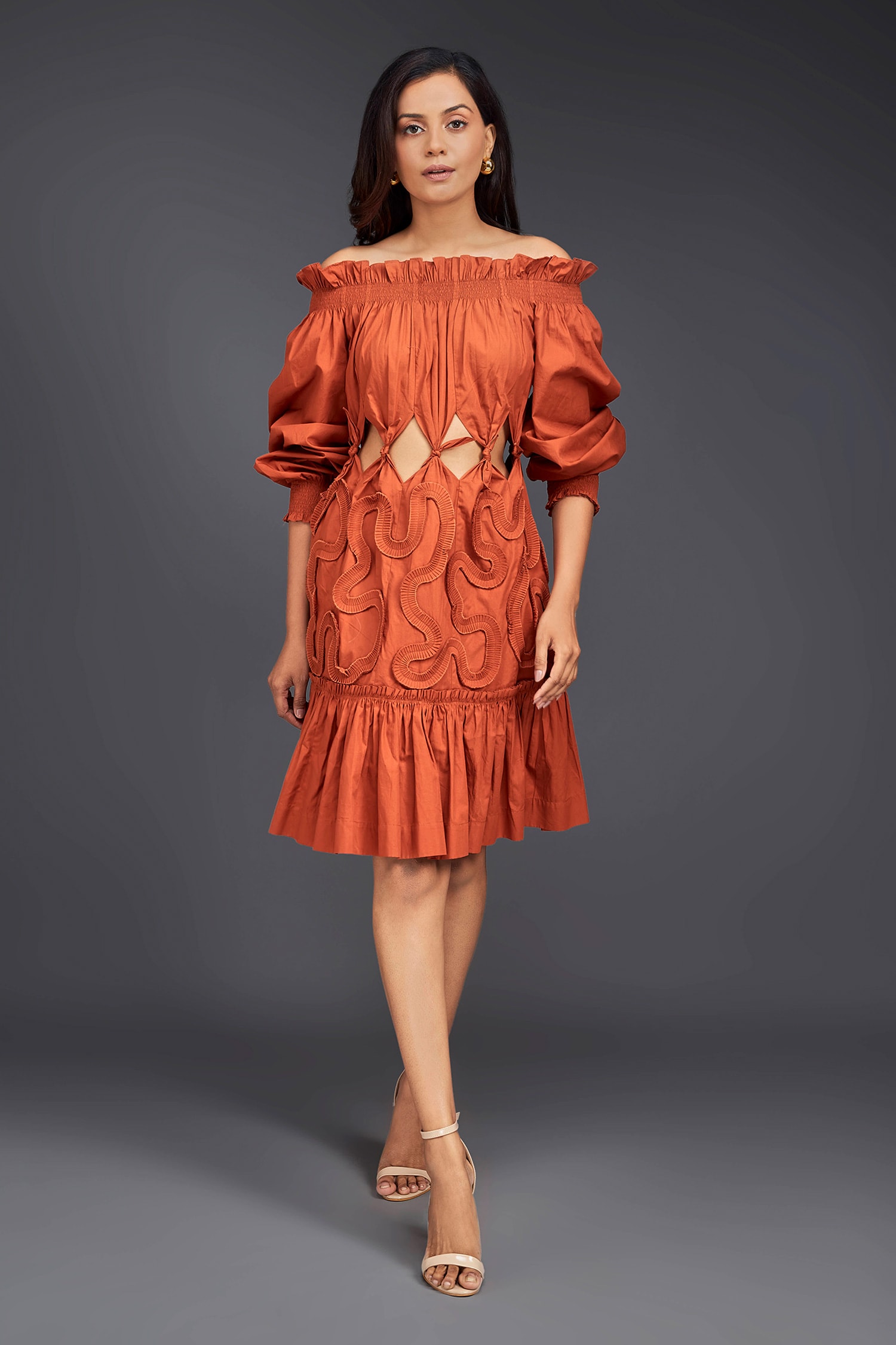 Buy Orange Cotton Off Shoulder Tonal Pleated Frill Dress For Women by ...