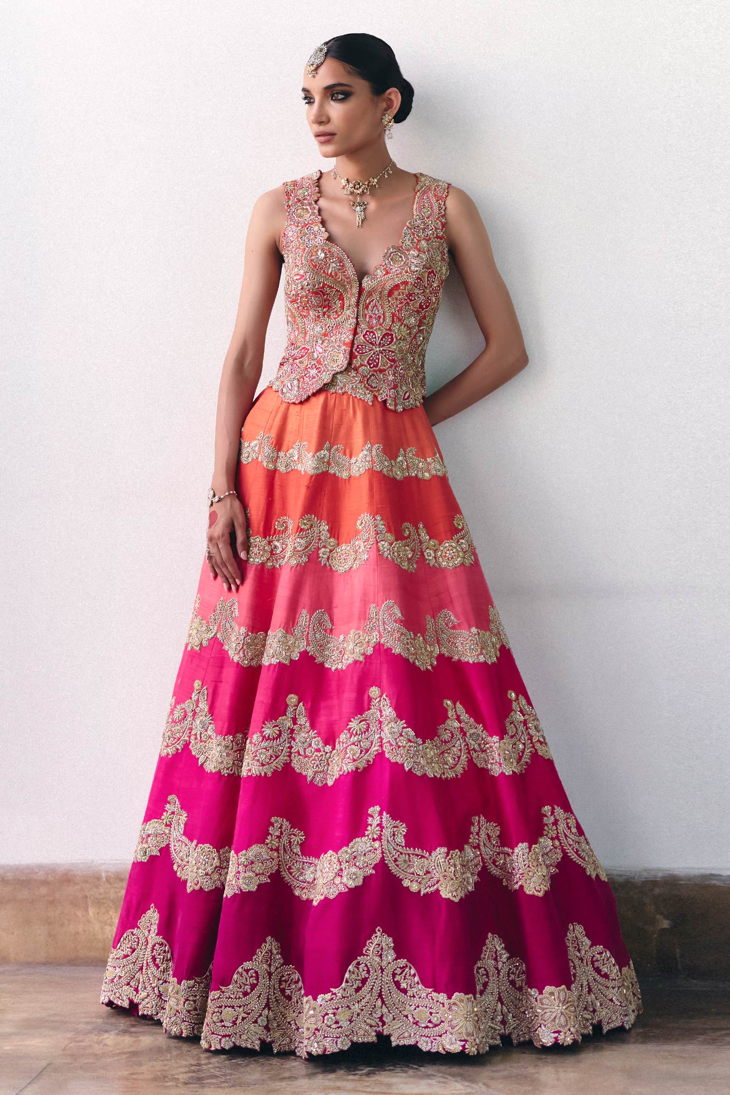 Buy Orange Raw Silk Embroidered Resham V Neck Akshi Waistcoat And ...