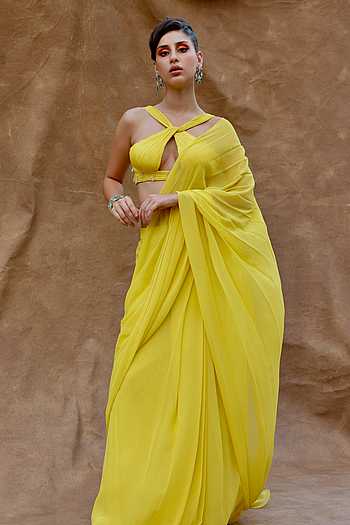 Buy Yellow Georgette Embellished Beads Cross-cross Pre-draped Saree ...