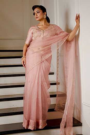 Buy Pink Saree Pure Silk Organza Embroidered Nakshi Pitta V Neck With ...