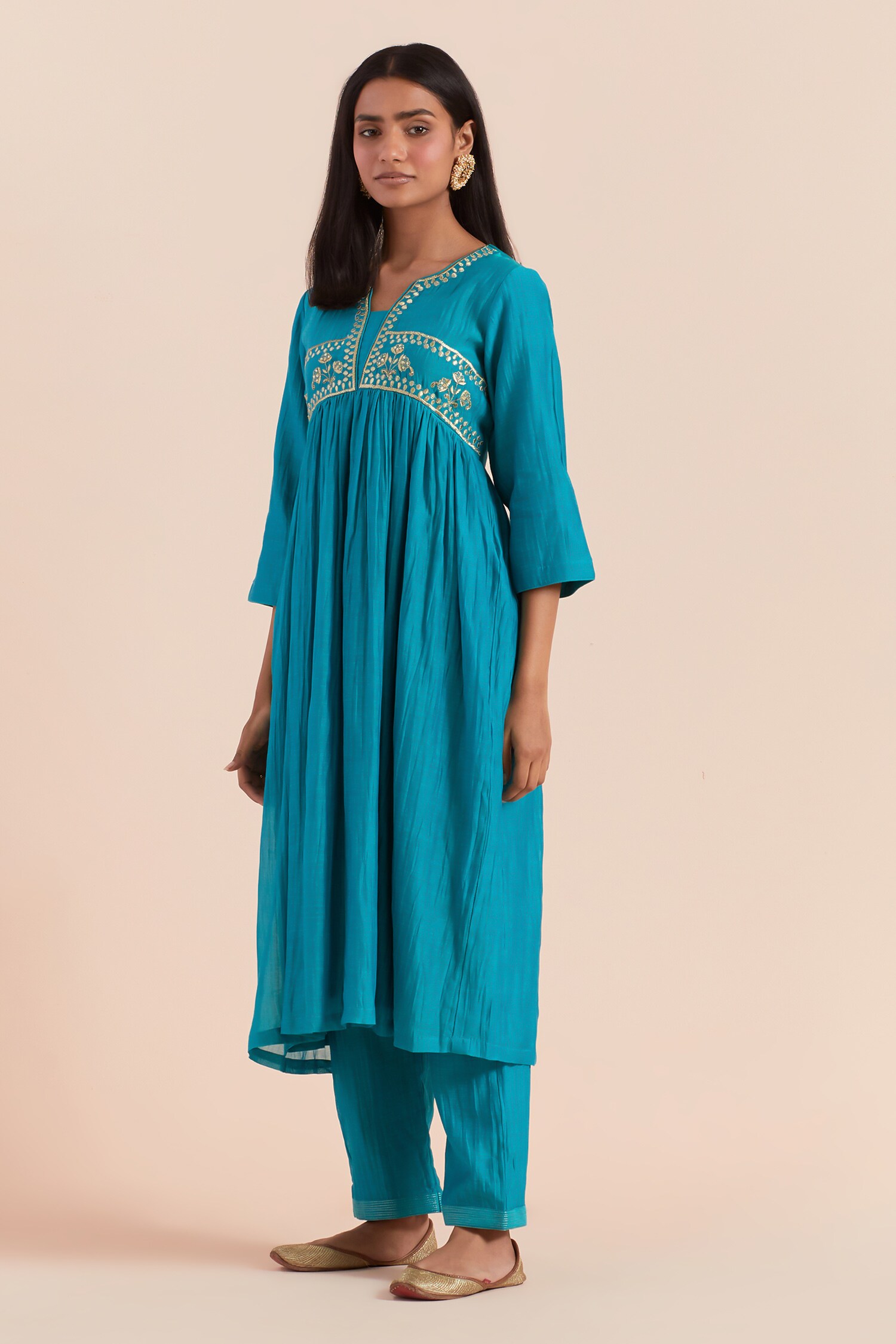 Buy Blue Soft Chanderi Embroidered Floral Notched Round Neck Line ...