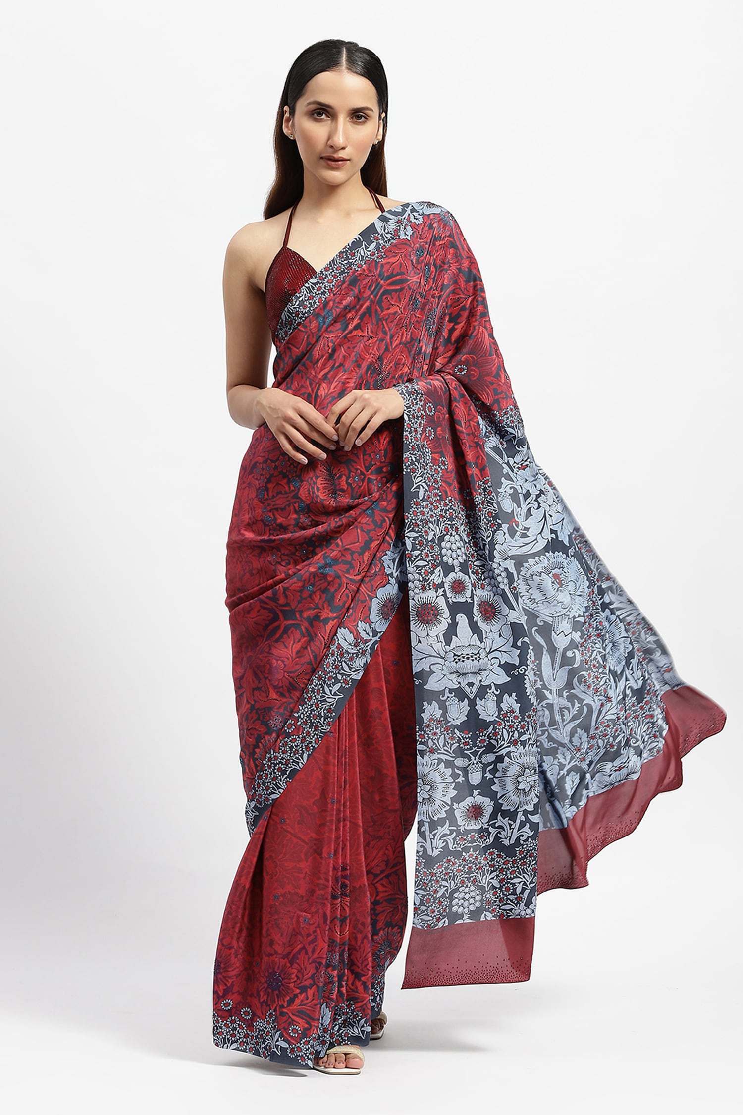 Buy Red Satin Print Floral Self Love Sashay Embellished Saree With ...