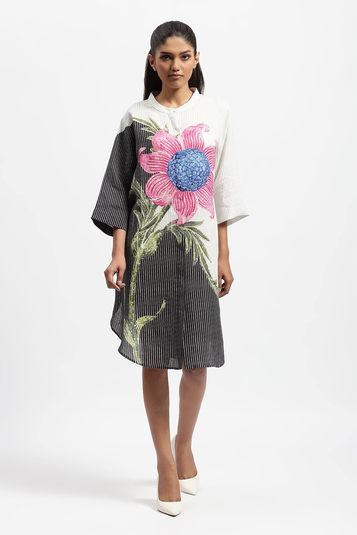 Buy White Linen Stripe Mandarin Collar Bigger Is Better Pattern Tunic ...