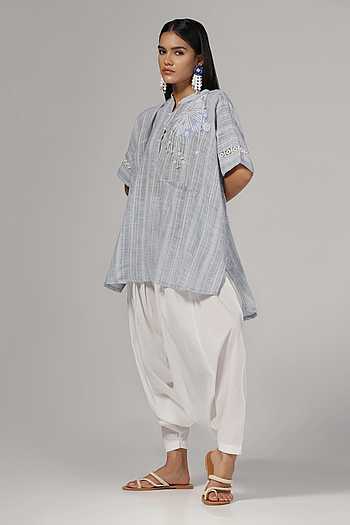 Buy Blue Linen Applique Check Mandarin Woven Tunic With Salwar For ...