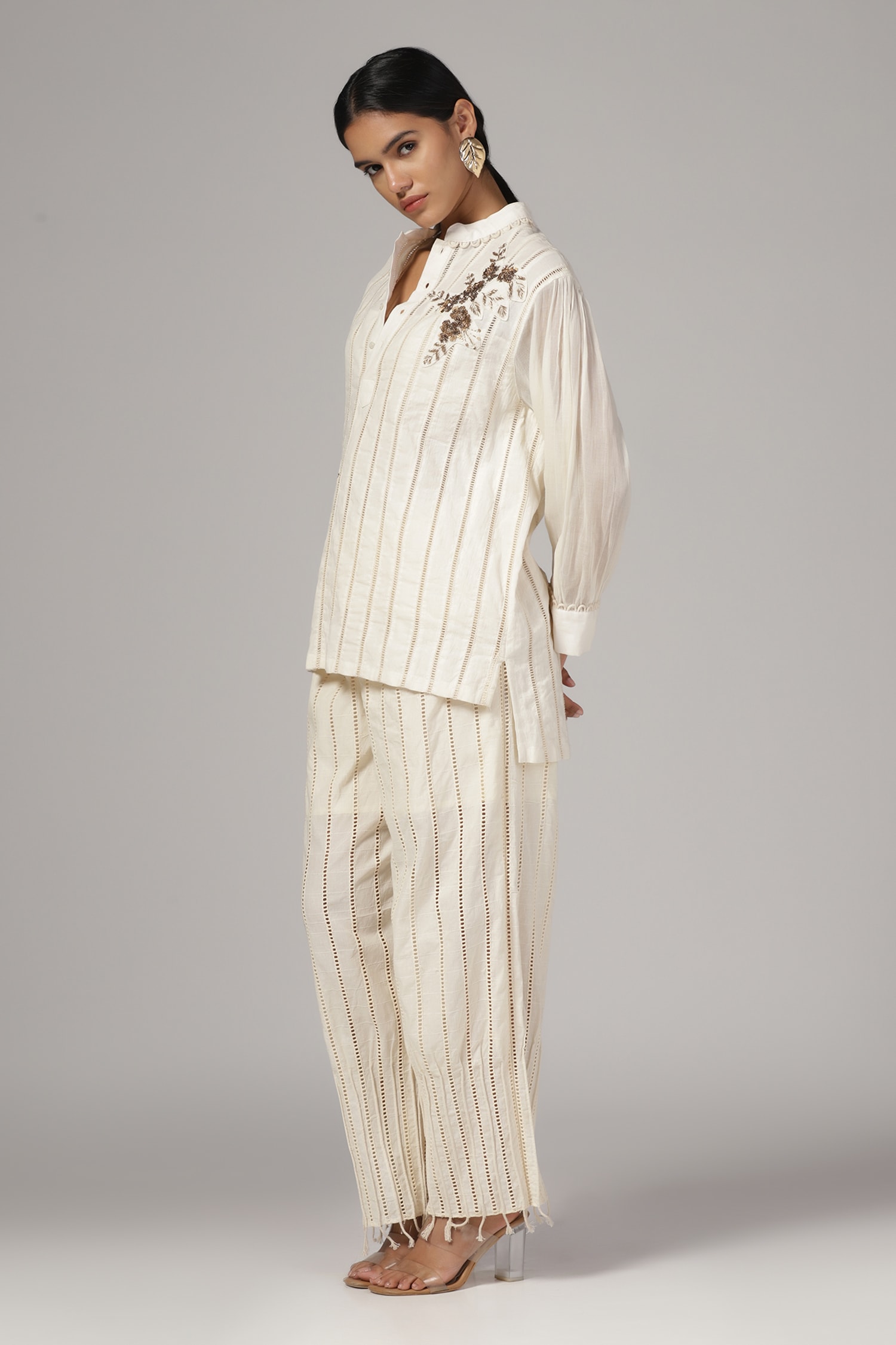 Buy Cream Cotton Embroidered Woven Mandarin Floral Tunic With Pant For ...